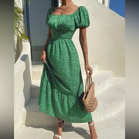 Dresses | Boho Polka Dots Shirred Bust Puff Sleeve Maxi Dress | Poshmark